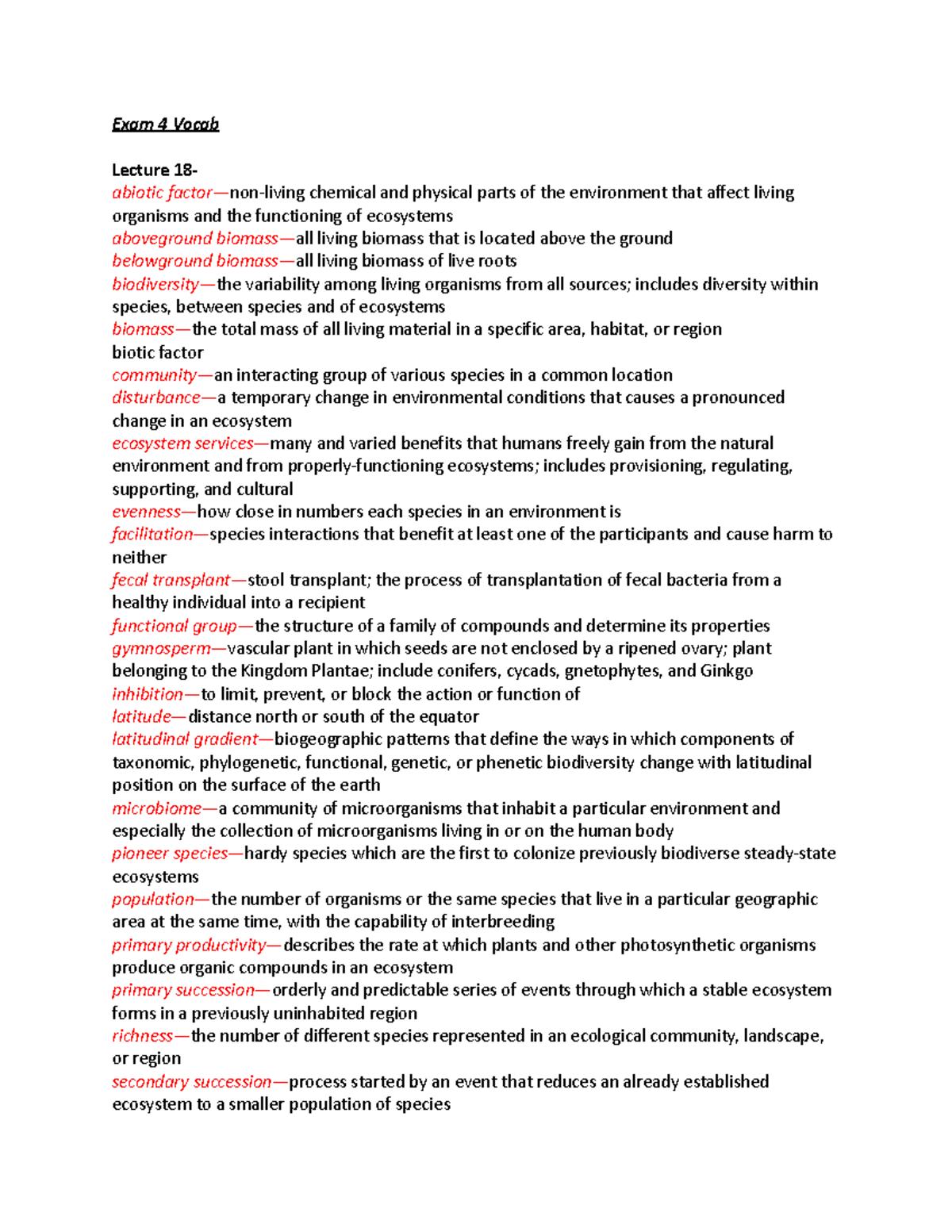 Bio 171-Exam 4 Vocabulary and Key Concepts Summary - Studocu