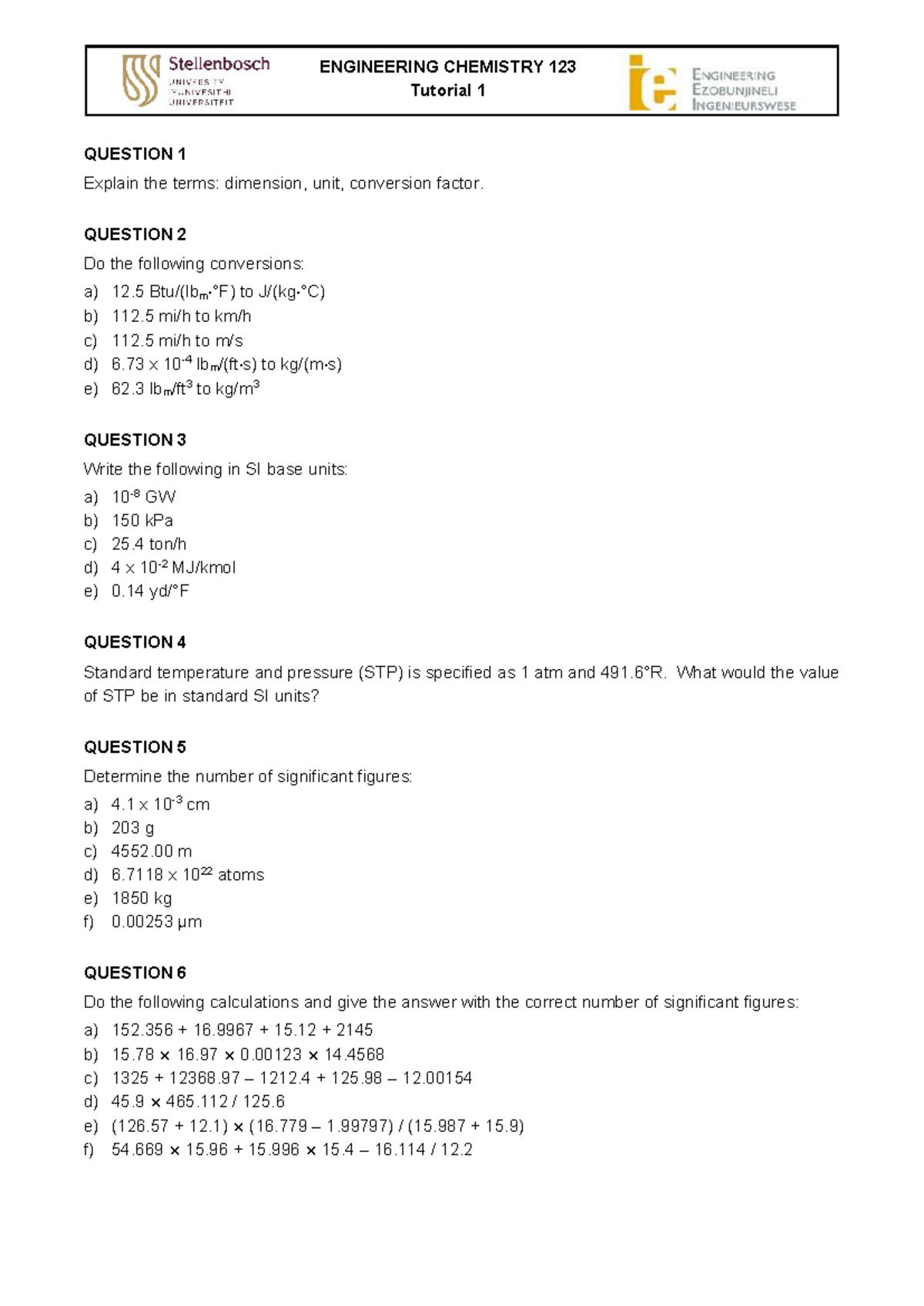 ENG CHEM 123 Tutorial 1: Unit Conversions & Significant Figures - Studocu