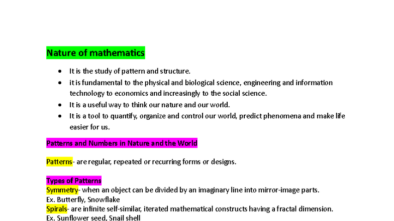 MATH 101: Nature of Mathematics and Its Applications - Studocu