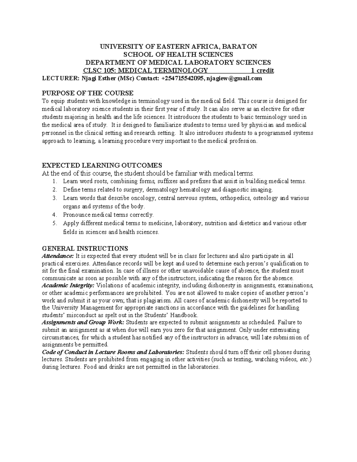 CLSC 105: Medical Terminology Course Outline and Learning Guide - Studocu