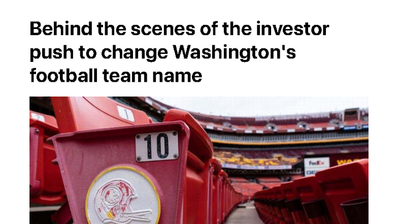 Investor Efforts Behind the Washington Football Team Name Change - Studocu