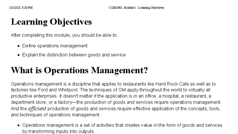 CGMS401: Module 1 - Key Learning Objectives in Operations Management ...