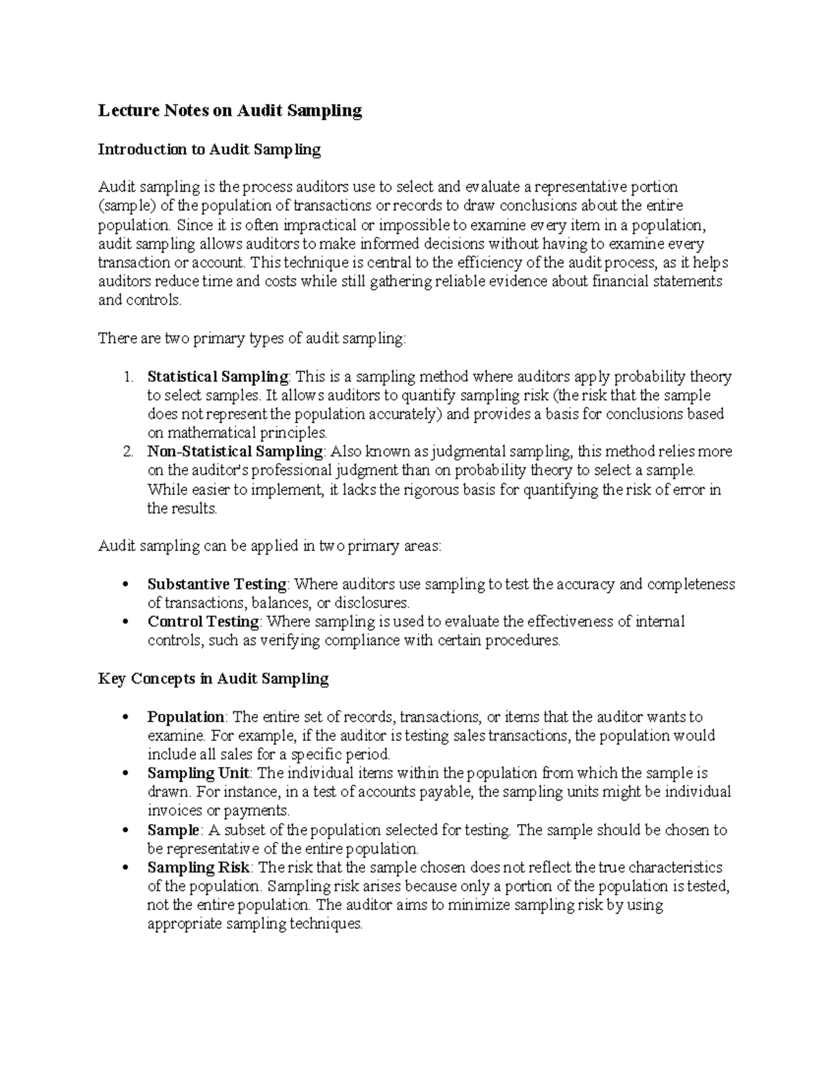 Audit sampling notes - Lecture Notes on Audit Sampling Introduction to ...