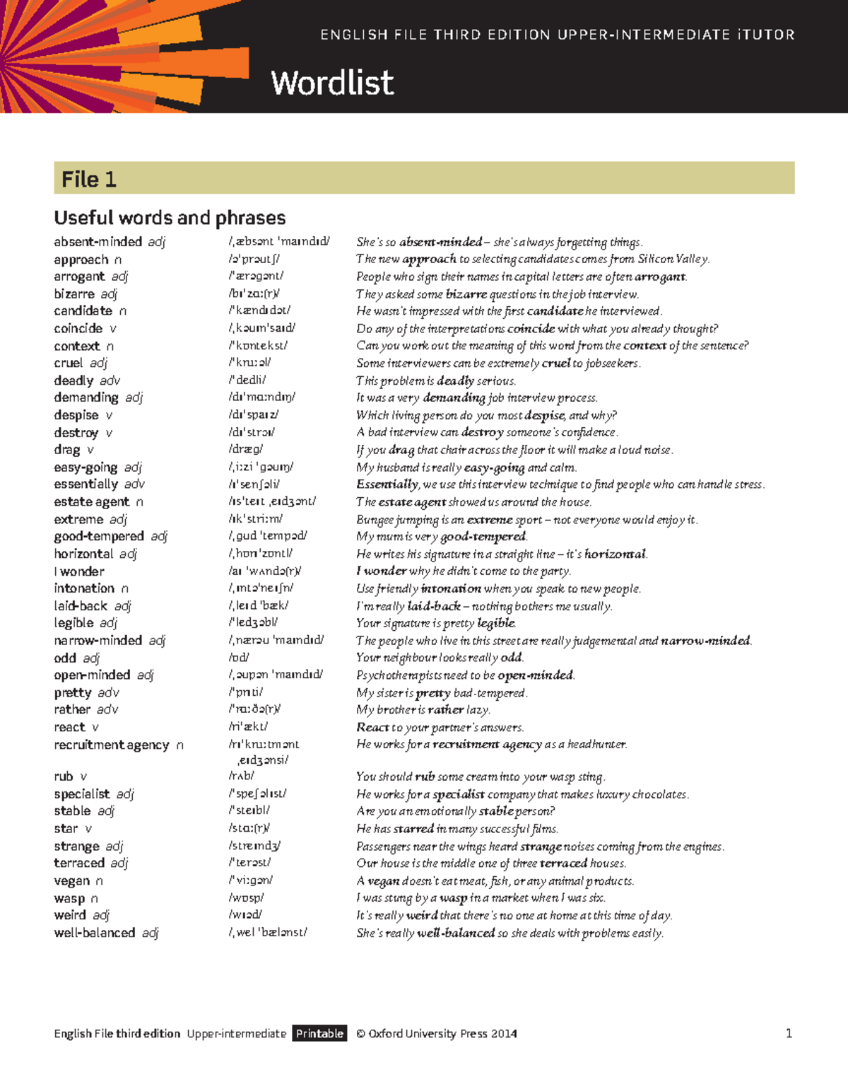 Vocabulary Wordlist for English File - Upper Intermediate (A1-A2) - Studocu