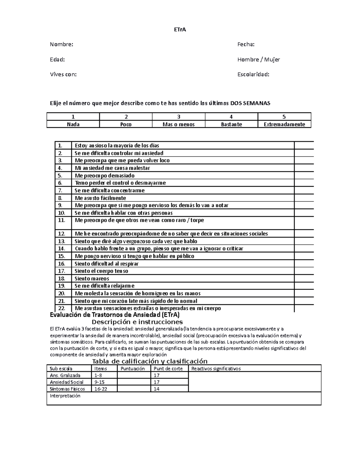 ETrA: Evaluación de Trastornos de Ansiedad con Tabla de Calificación ...