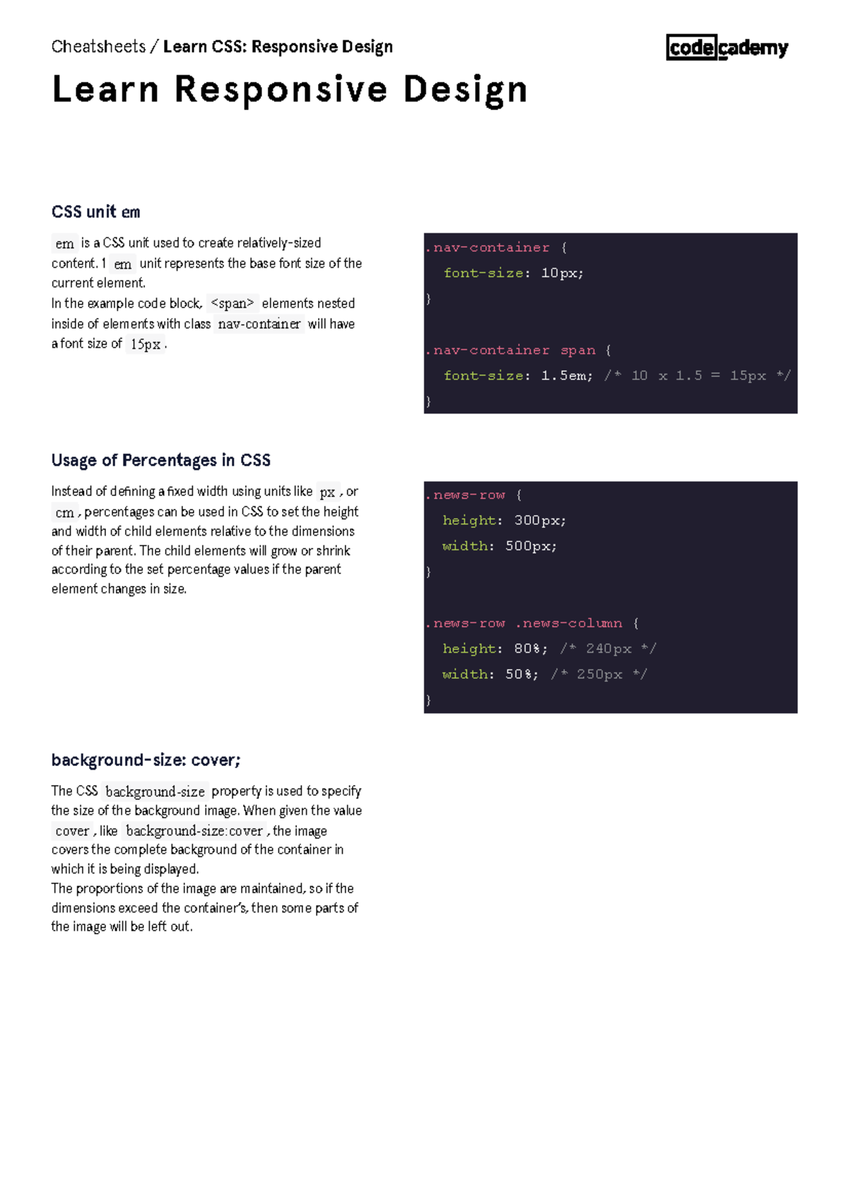Css 101 Responsive Design Cheatsheet For Codecademy Studocu