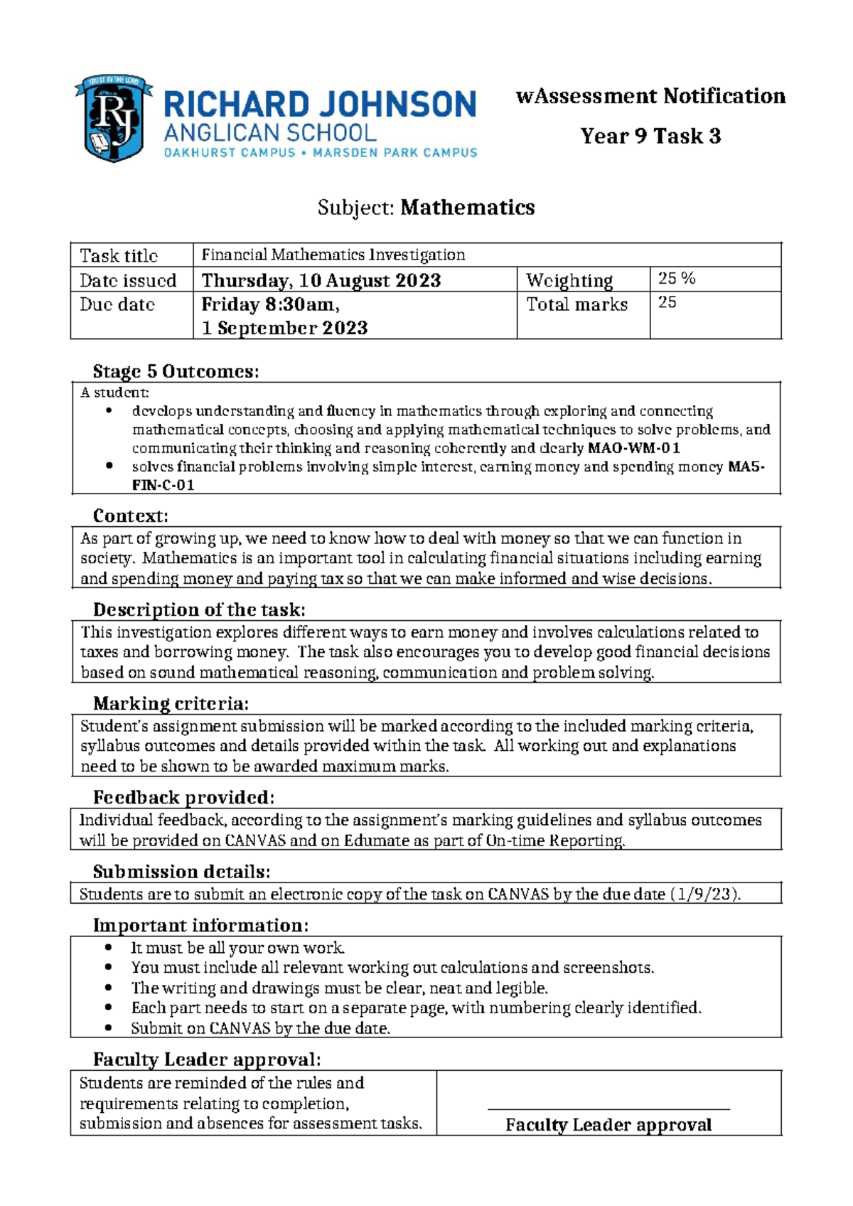 Year 9 Mathematics Task 3: Financial Maths Investigation 2023 - Studocu