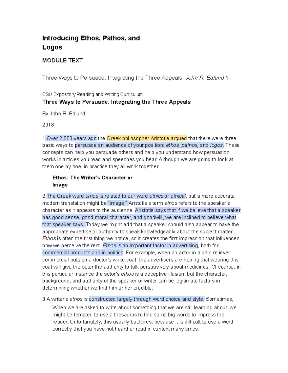Ethos, Pathos, and Logos: A Persuasive Writing Module (CSU) - Studocu