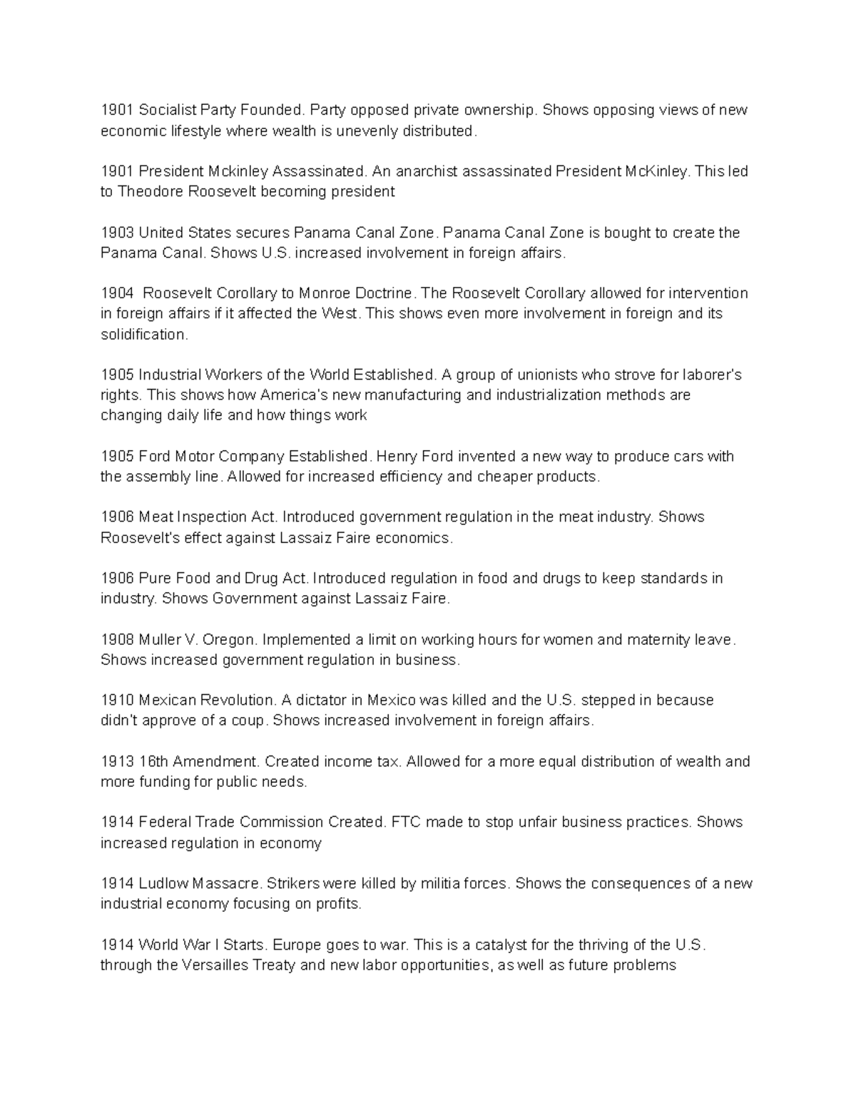 Progressive and WW1 Era Timeline - 1901 Socialist Party Founded. Party ...
