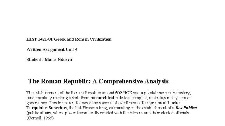 HIST 1421 Unit 4 Written Assignment: The Roman Republic Explored - Studocu