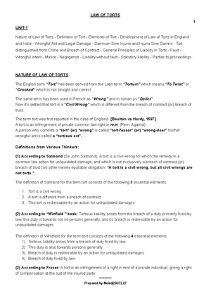 Law of torts internals important notes - Important questions and ...
