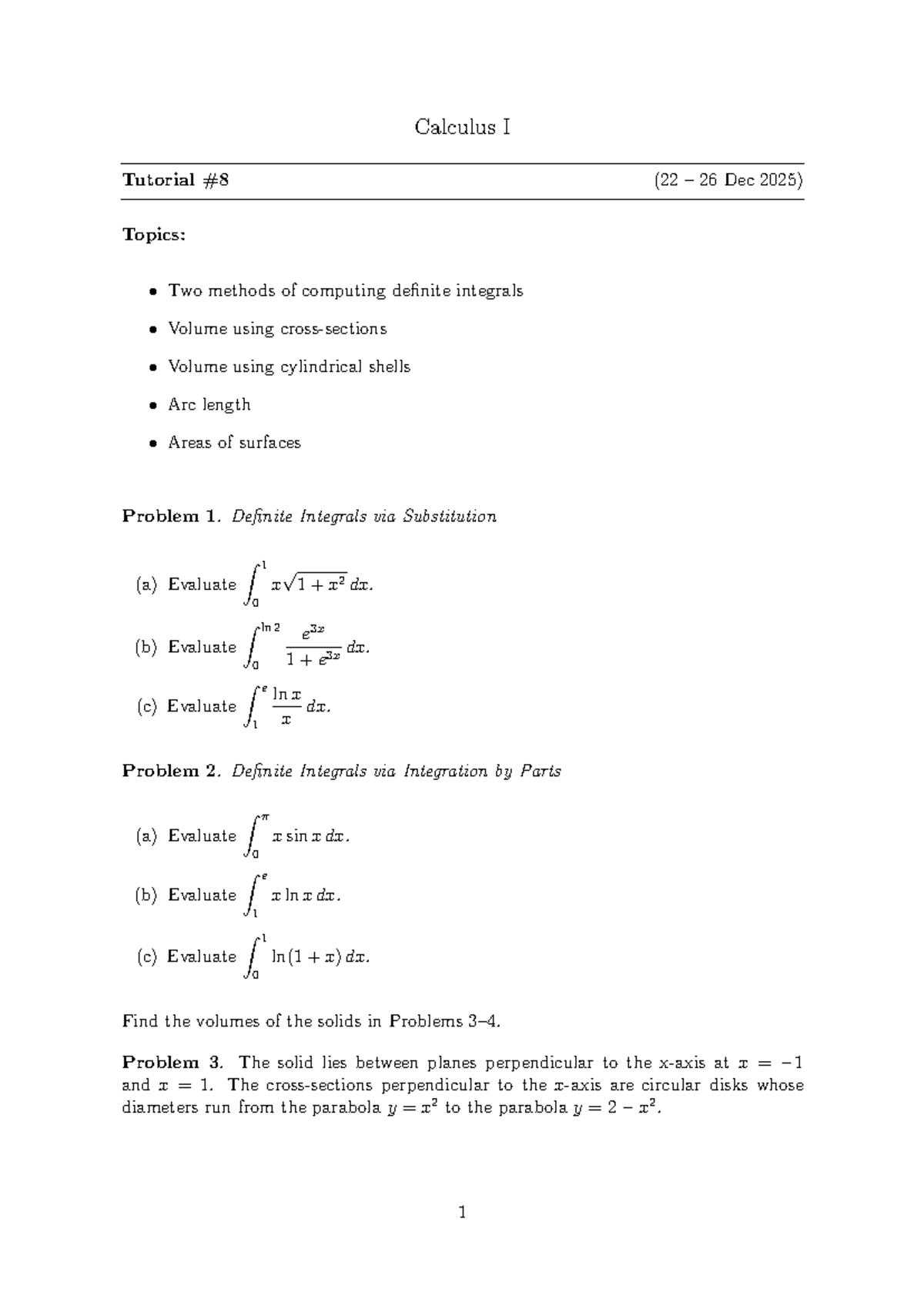AY 2025-26 Calculus I - Tutorial #8: Definite Integrals & Volumes - Studocu