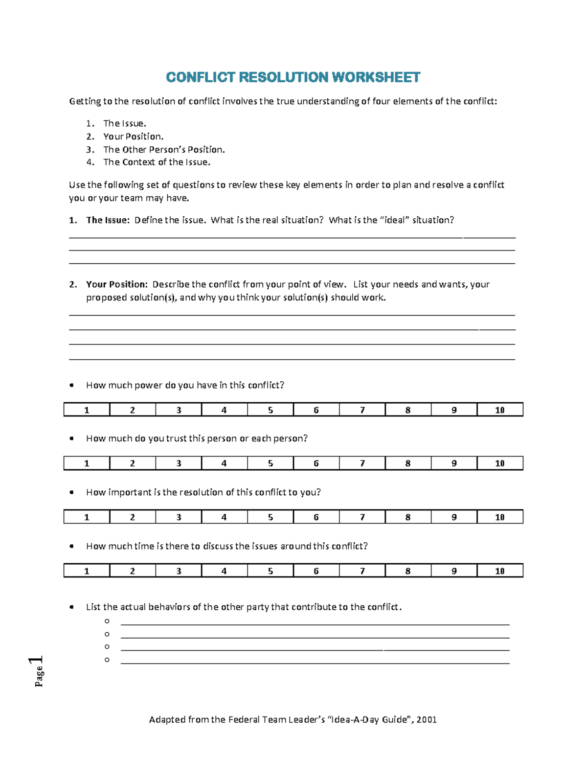 Conflict Resolution Worksheet w Steps - Adapted from the Federal Team ...