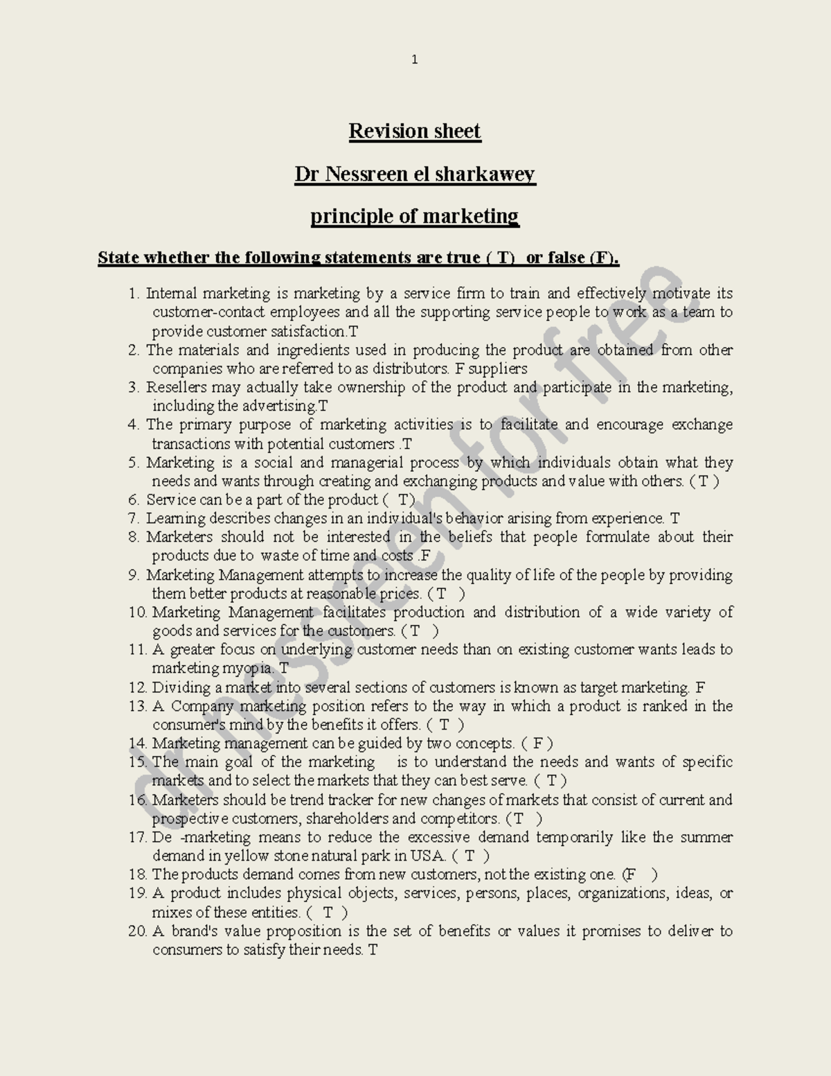 Revision Sheet 2023L2: Principles of Marketing True/False Statements ...