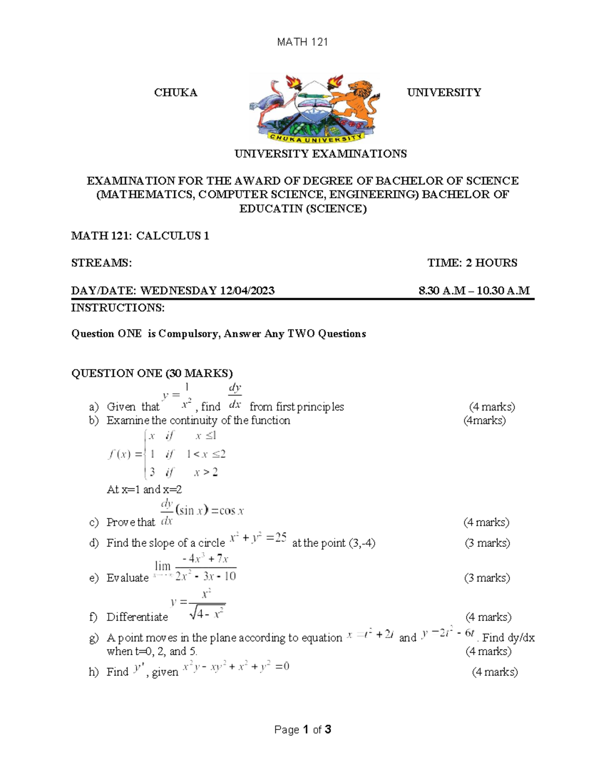 MATH 121: Calculus 1 Exam Questions and Solutions - Studocu