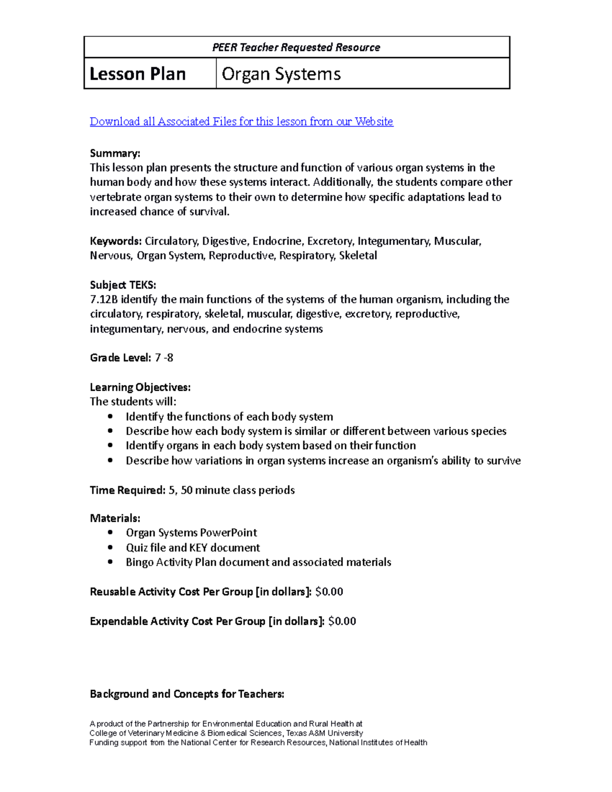 Human Organ Systems Lesson Plan for 7th Grade Science - Studocu