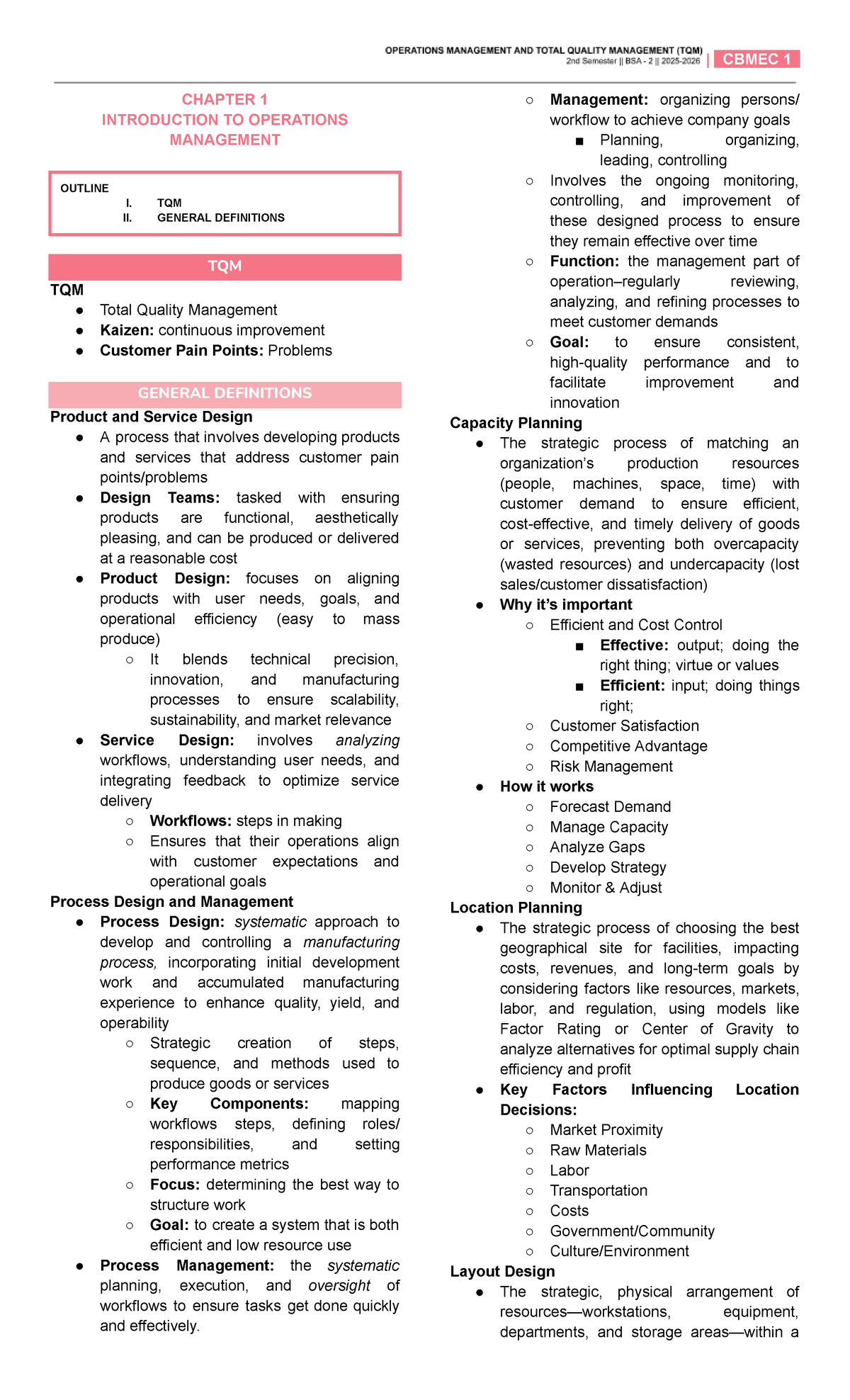 sCBMEC 1s CHAPTER 1: INTRODUCTION TO OPERATIONS MANAGEMENT - Studocu