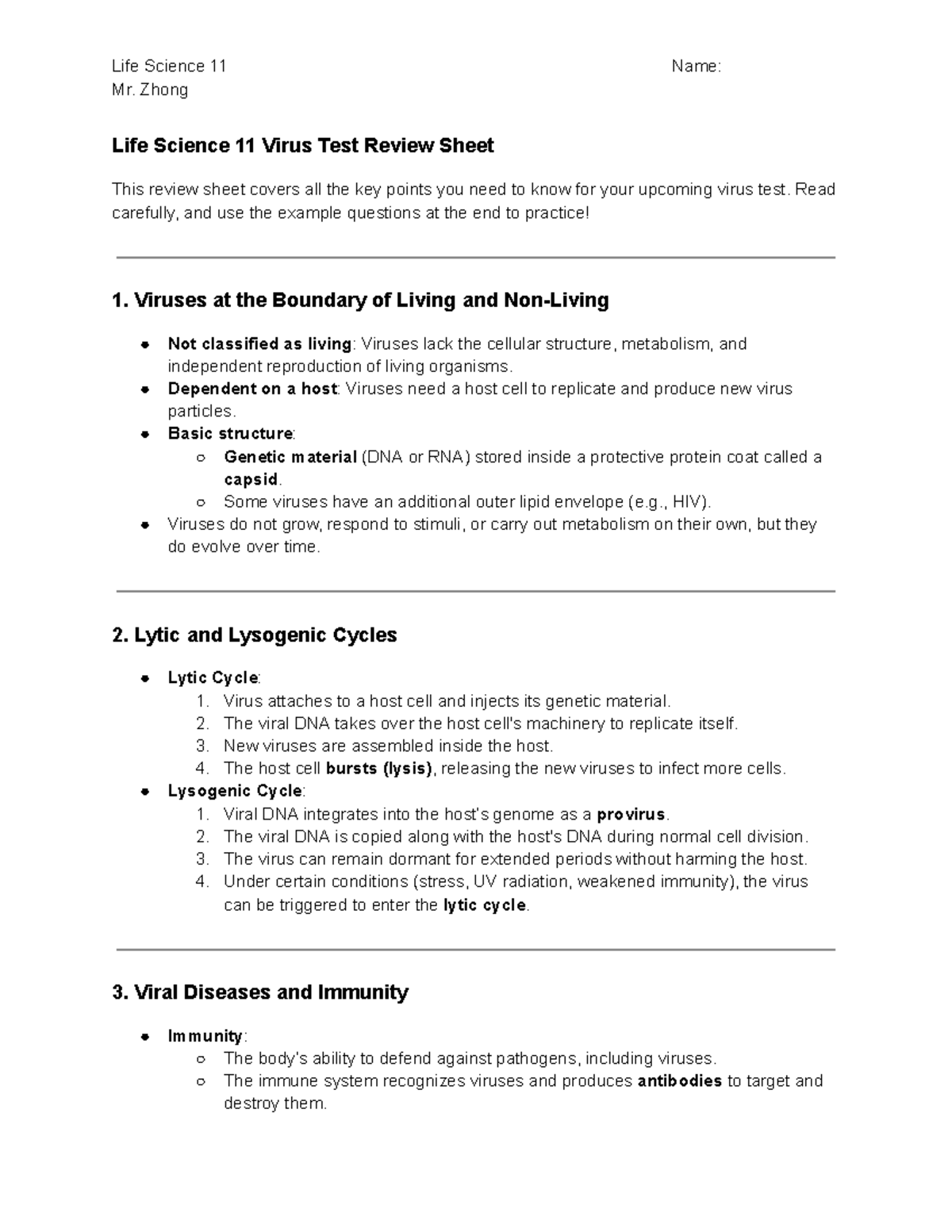 Life Science 11 Virus Test Review Guide by Mr. Zhong - Studocu