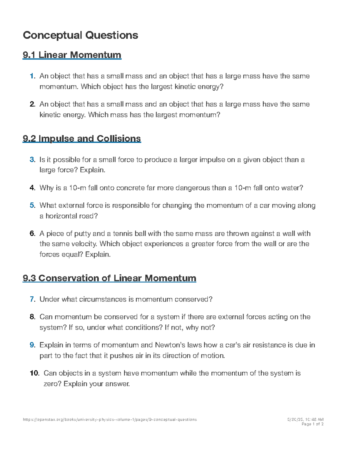Ch. 9 Conceptual Questions on Linear Momentum and Impulse - Studocu