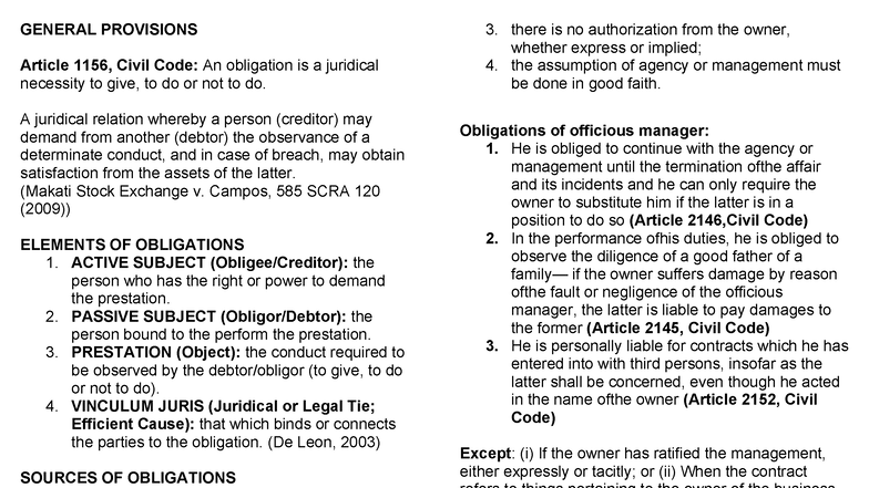 Oblicon Notes: General Provisions & Elements of Obligations - Studocu