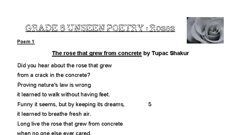 GRADE 8 UNSEEN POETRY: Analysis of "The Rose That Grew from Concrete ...