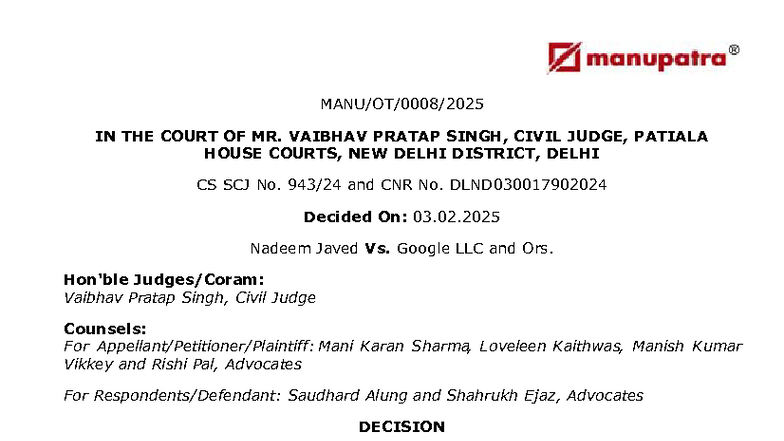Nadeem Javed vs Google LLC & Ors: Civil Suit Decision (CS SCJ No ...