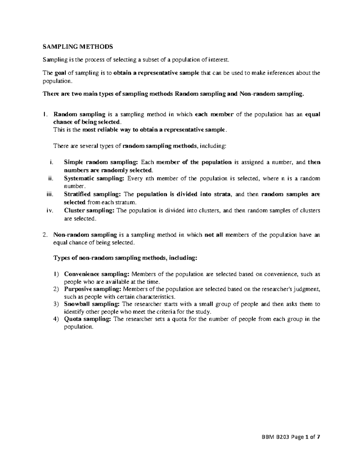 BBM B203 Sampling Methods and Sample Size Determination Guide - Studocu