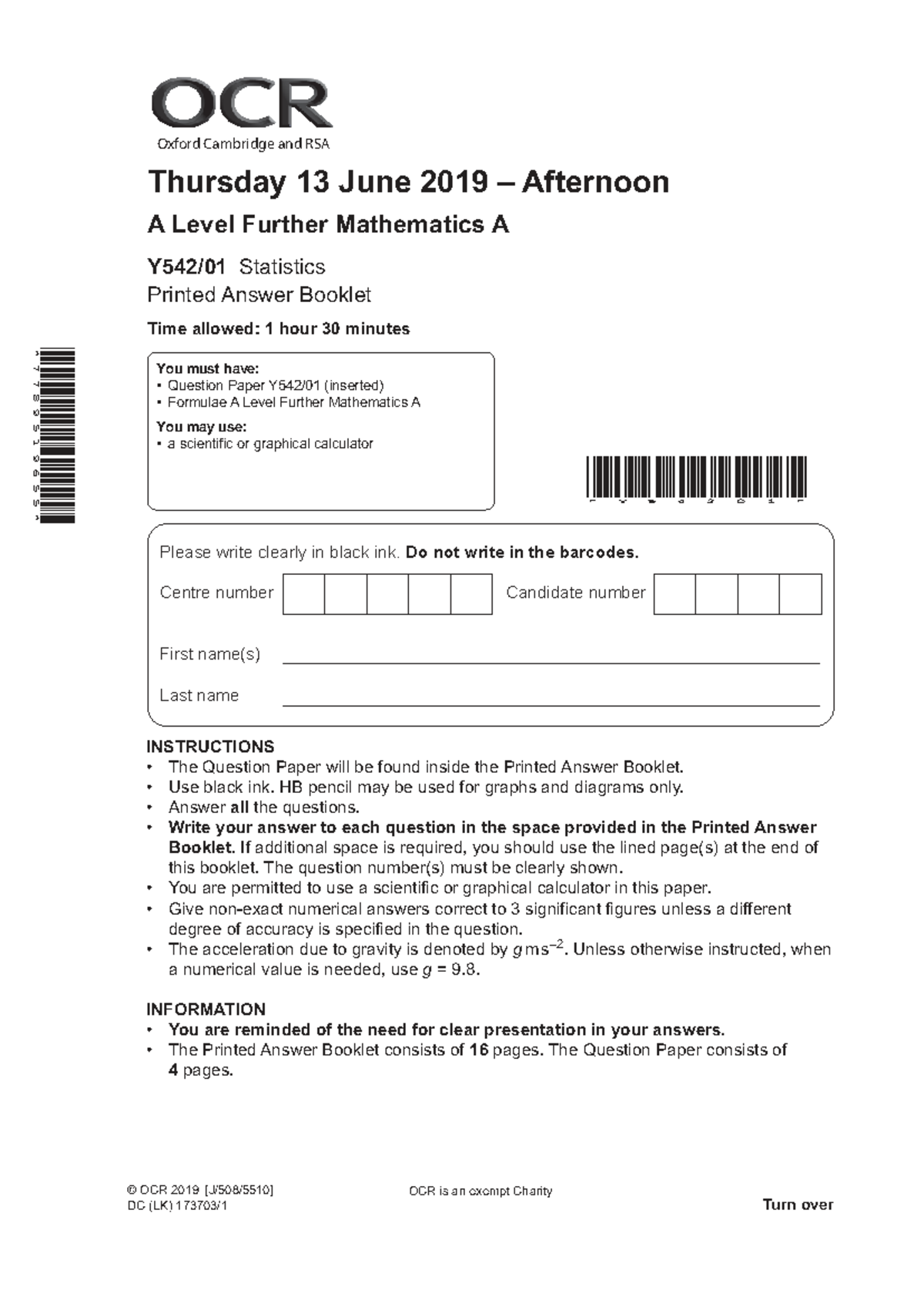 A Level Further Mathematics A Statistics Printed Answer Booklet (621167 ...