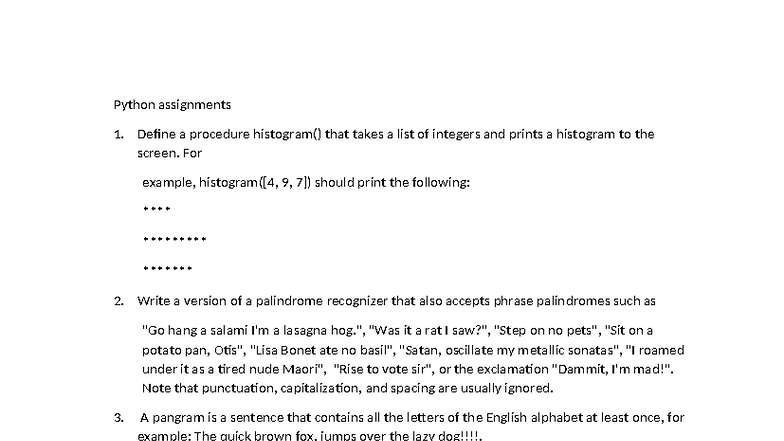 Python Assignments 1: Functions, Palindromes, and Histograms - Studocu
