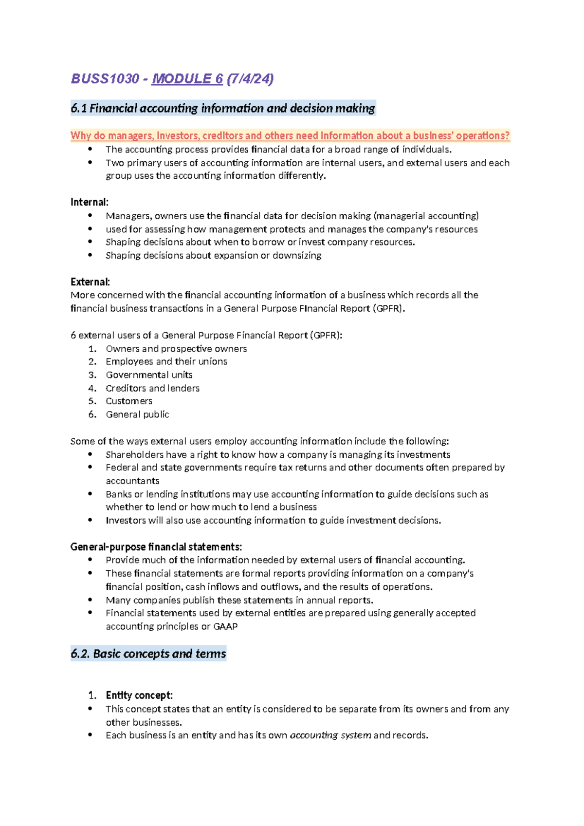 BUSS1030 module 6 notes - BUSS1030 - MODULE 6 (7/4/24) 6 Financial ...