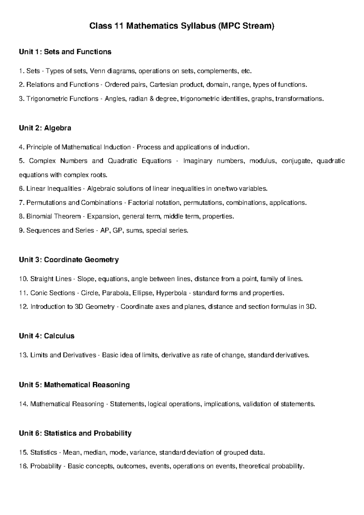 Class 11 Maths Syllabus (MPC Stream) Overview and Units - Studocu