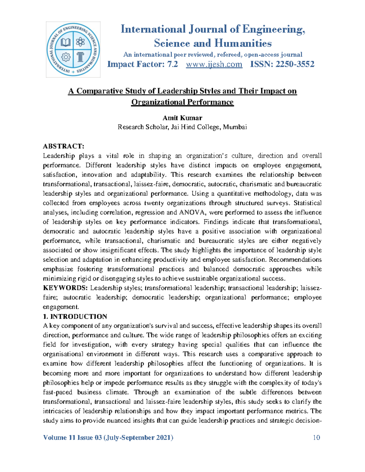 A Comparative Study of Leadership Styles and Organizational Performance ...