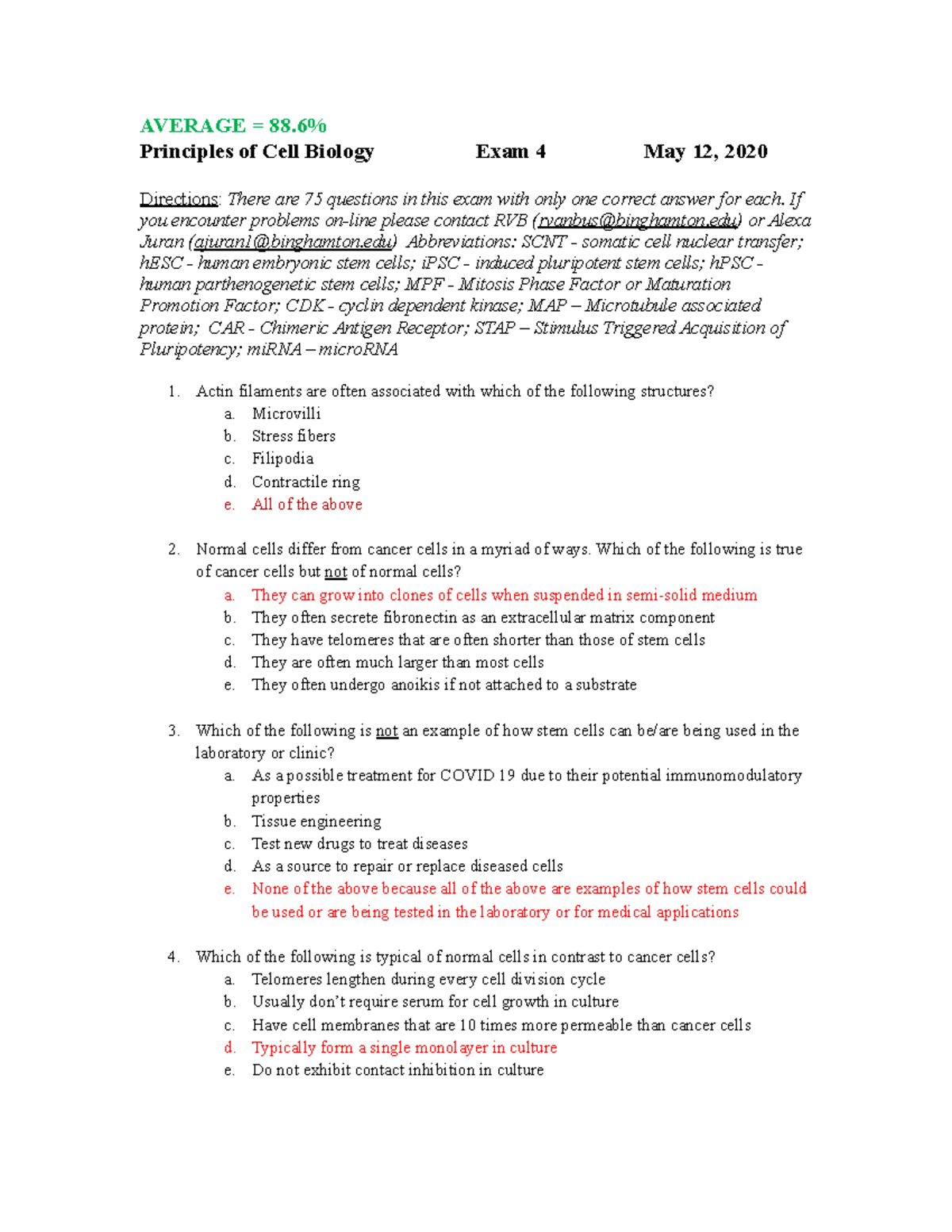 Exam 4 Key Spring 2020 Final - AVERAGE = 88% Principles of Cell Biology ...