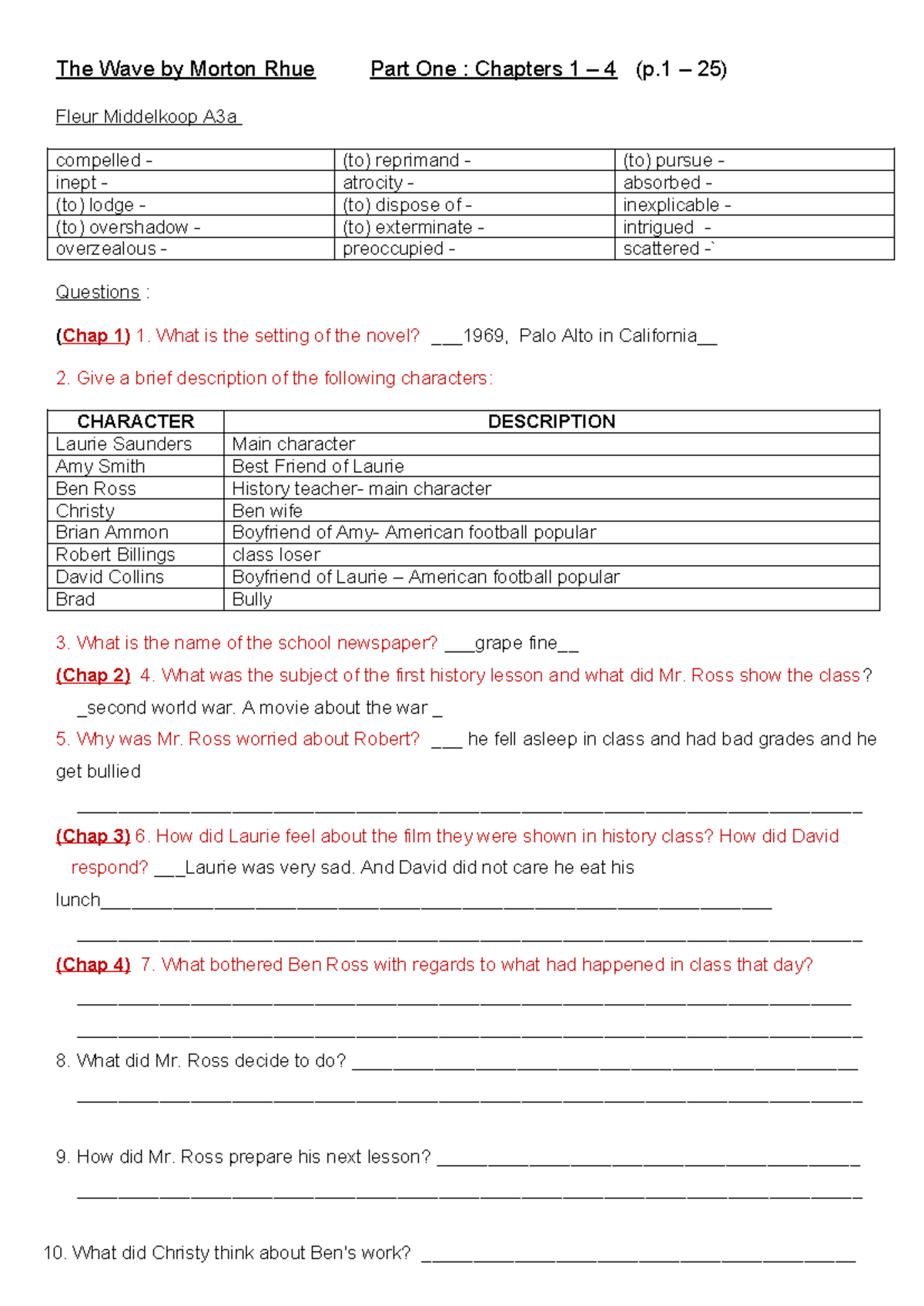 The Wave (A3a) Worksheet: Chapters 1-17 Study Guide - Studeersnel