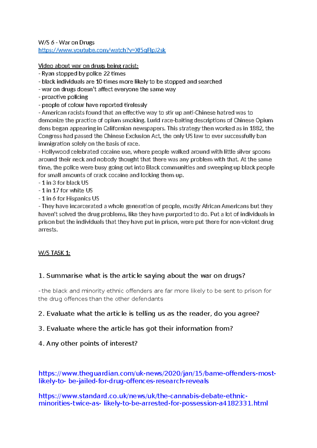Ws6 - Final Exam Notes on Racism in the War on Drugs - Studocu