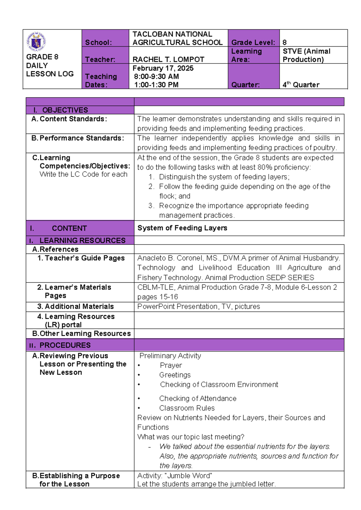System OF Feeding Layers - GRADE 8 DAILY LESSON LOG School: TACLOBAN ...