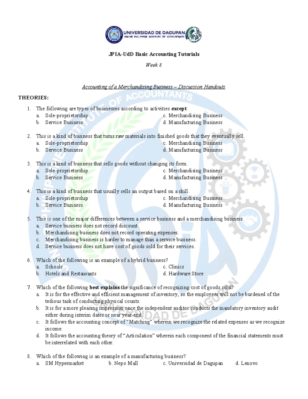 Week 8 Accounting Tutorials: Merchandising Business Insights - Studocu