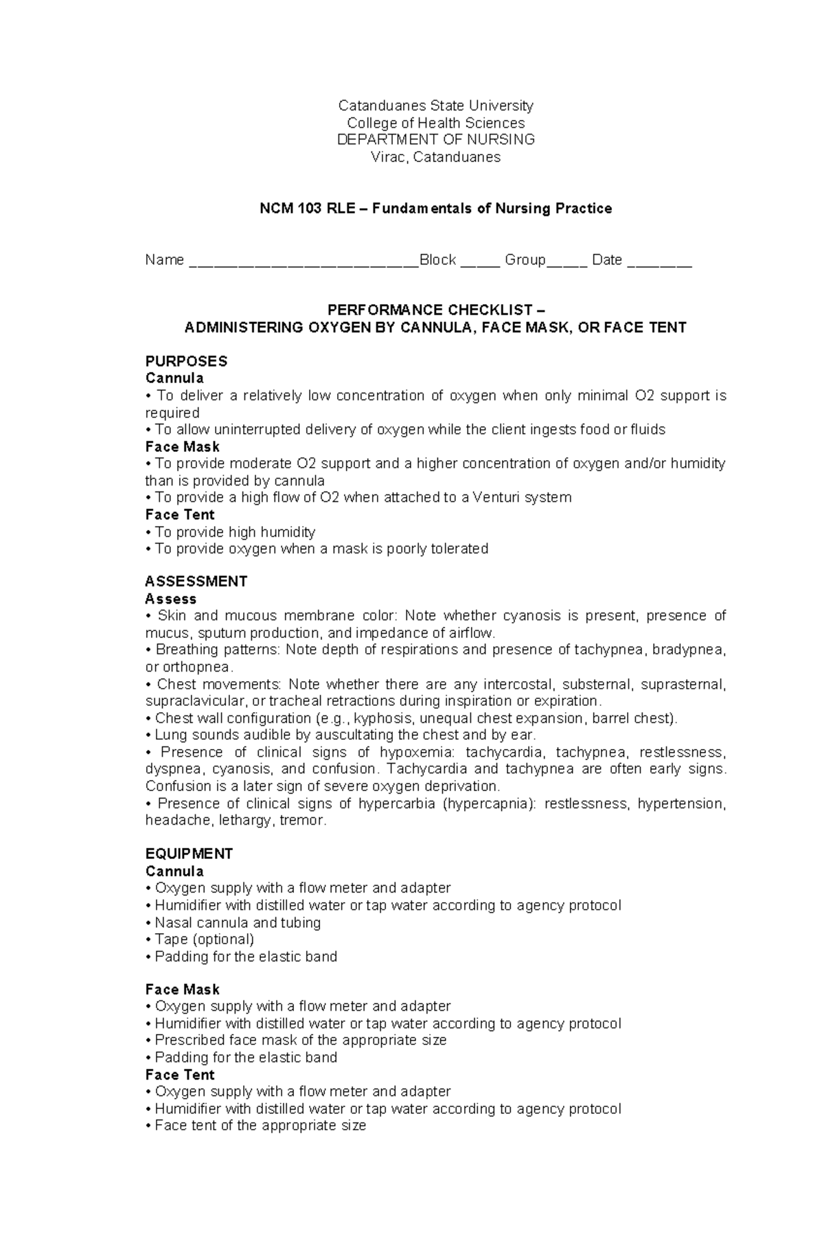 NCM 103 RLE Performance Checklist: Administering Oxygen via Cannula ...