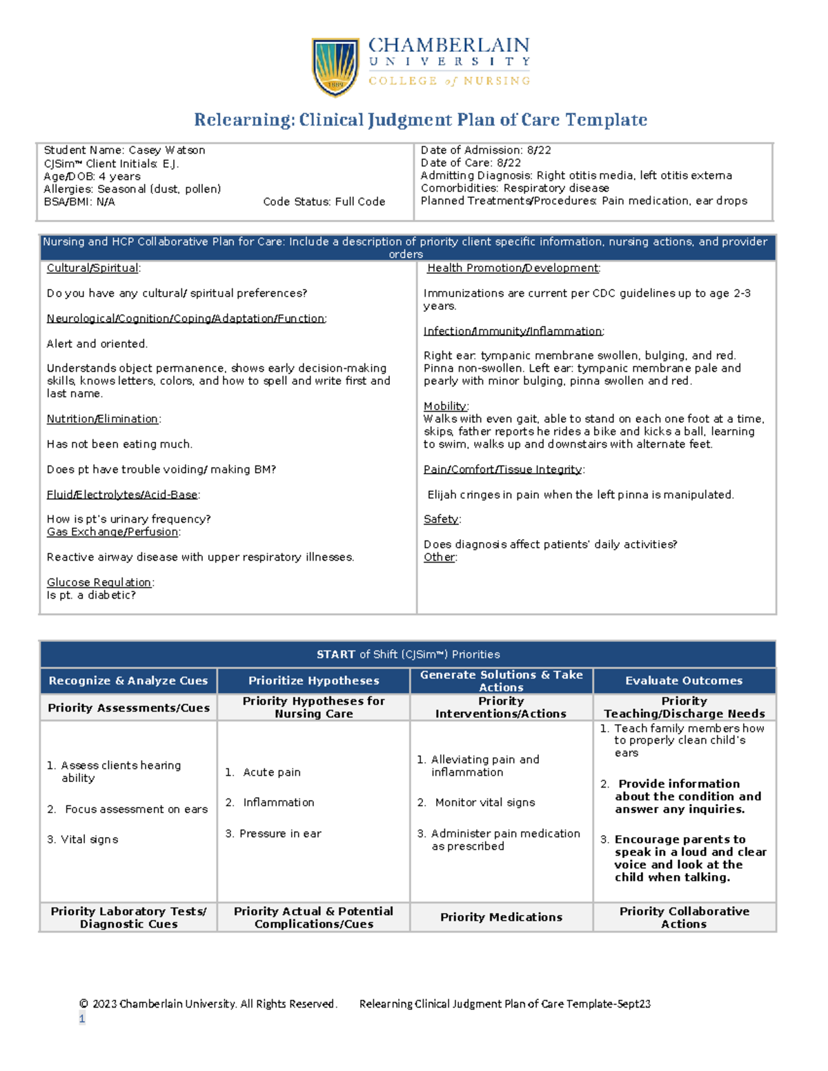CJSim™ Client Care Plan for Pediatric Patient Elijah Jackson - Studocu