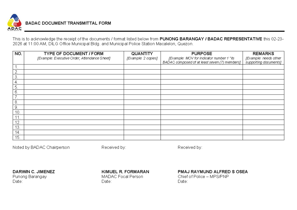 BADAC Document Transmittal Form - Receipt Acknowledgment - Studocu