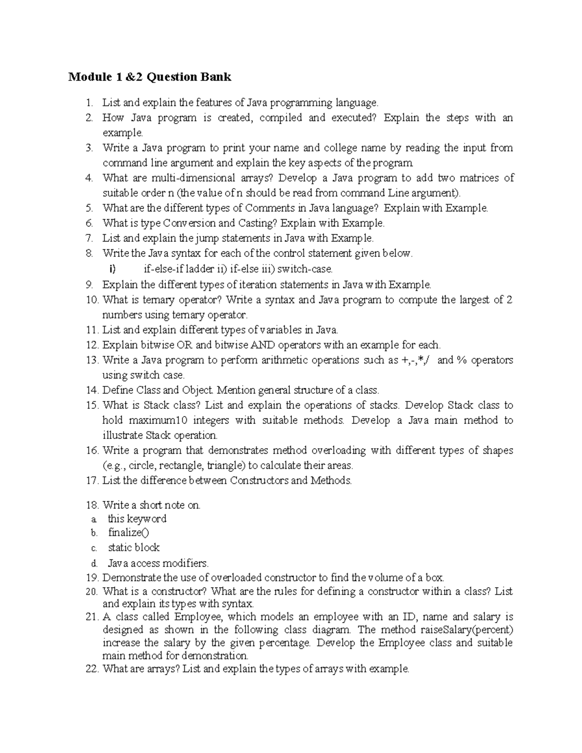 Module 1& 2 QB - question bank for java - Module 1 &2 Question Bank 1. List and explain the ...