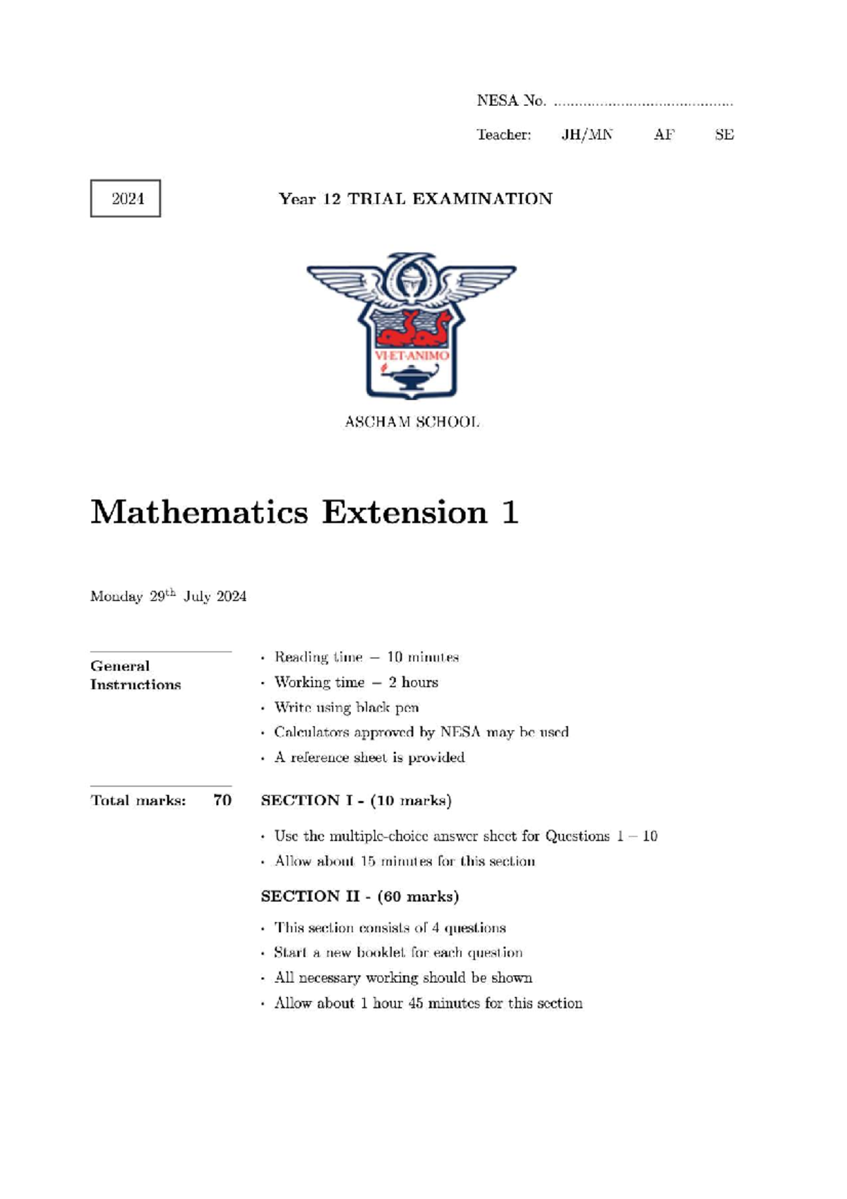 Year 12 Mathematics Extension 1 Trial Exam - NESA 2024 - Studocu