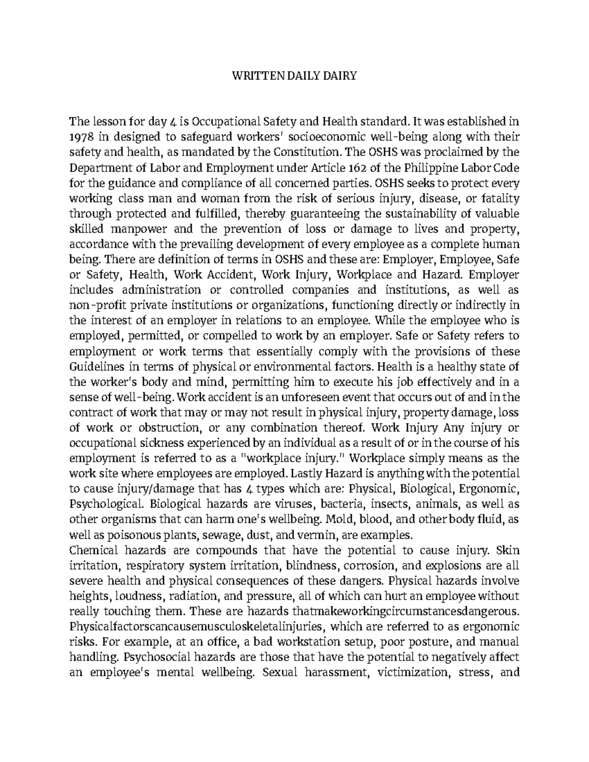 Workplace Essay 2: Understanding Occupational Safety and Health ...