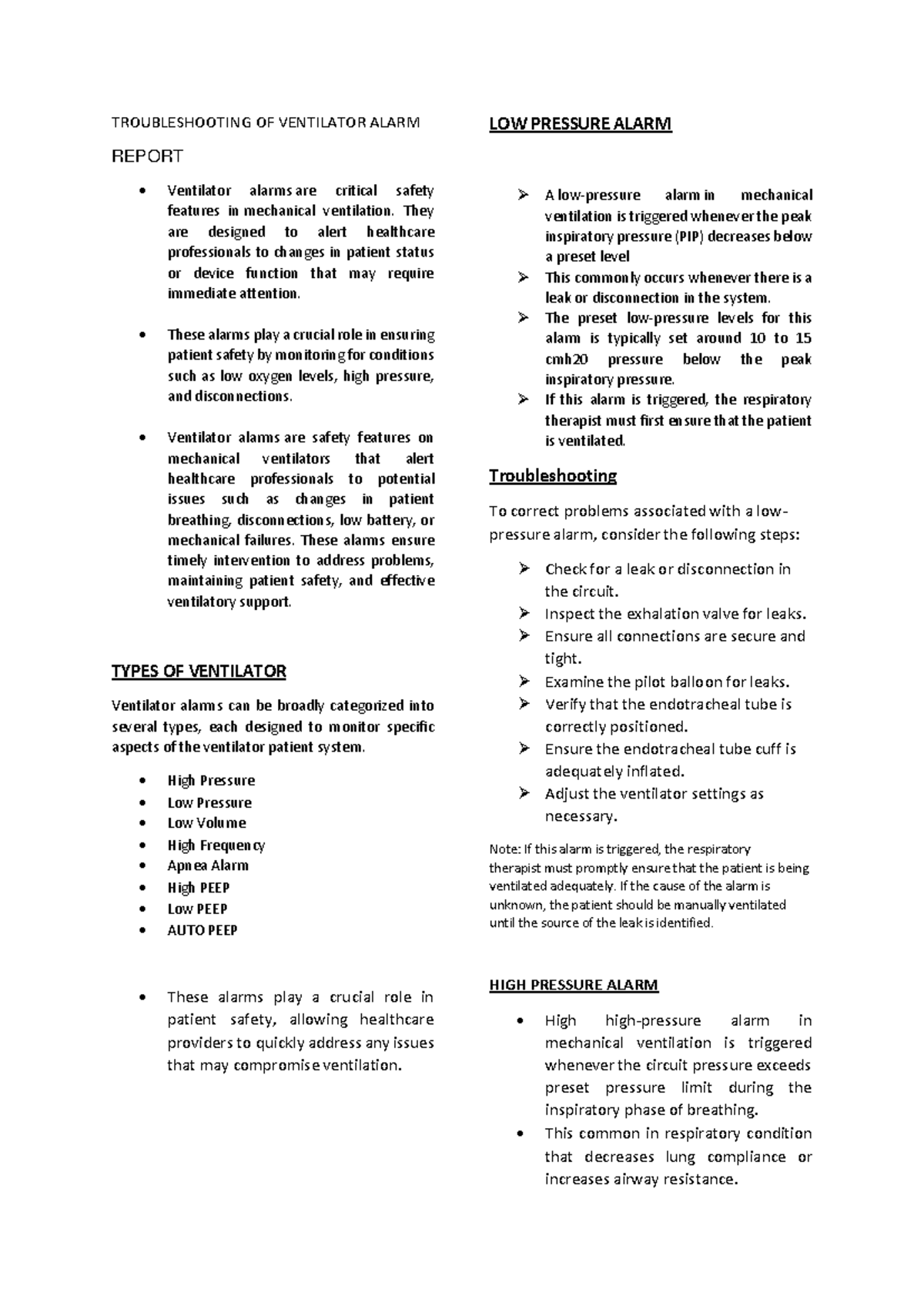 TROUBLESHOOTING VENTILATOR ALARMS: LOW PRESSURE & HIGH PRESSURE - Studocu