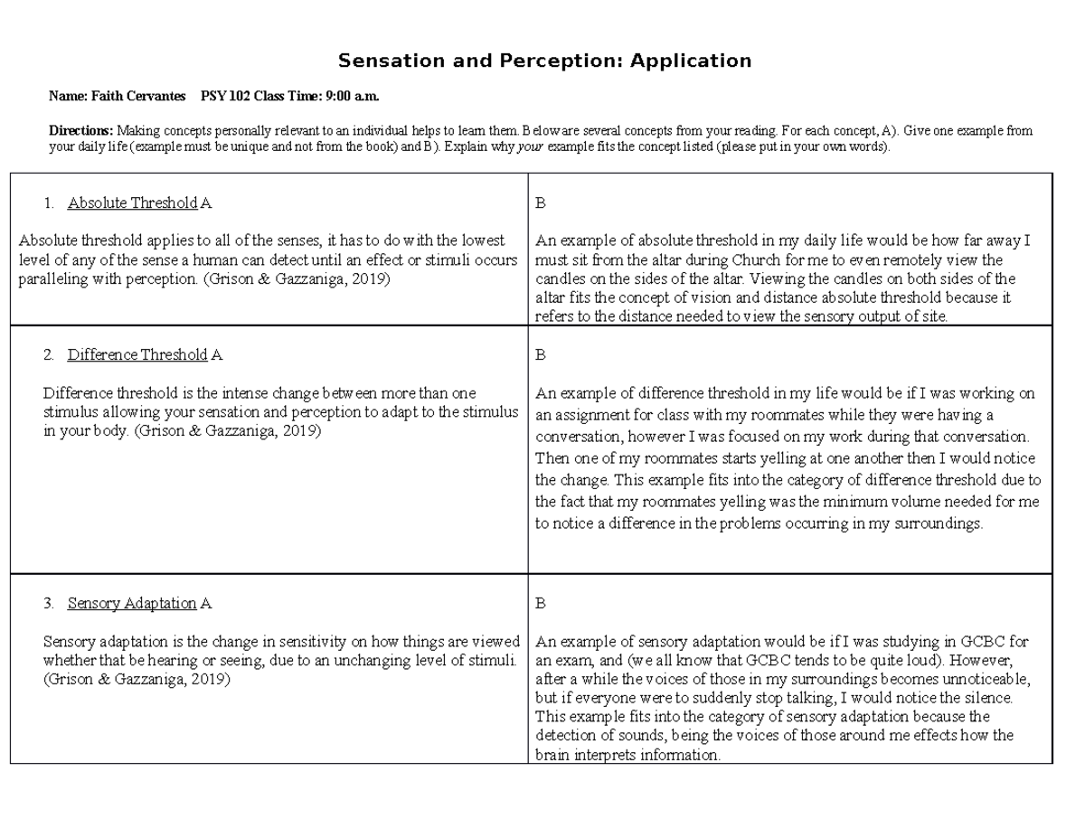 PSY 102 Sensation and Perception Assignment Worksheet #3 - Studocu
