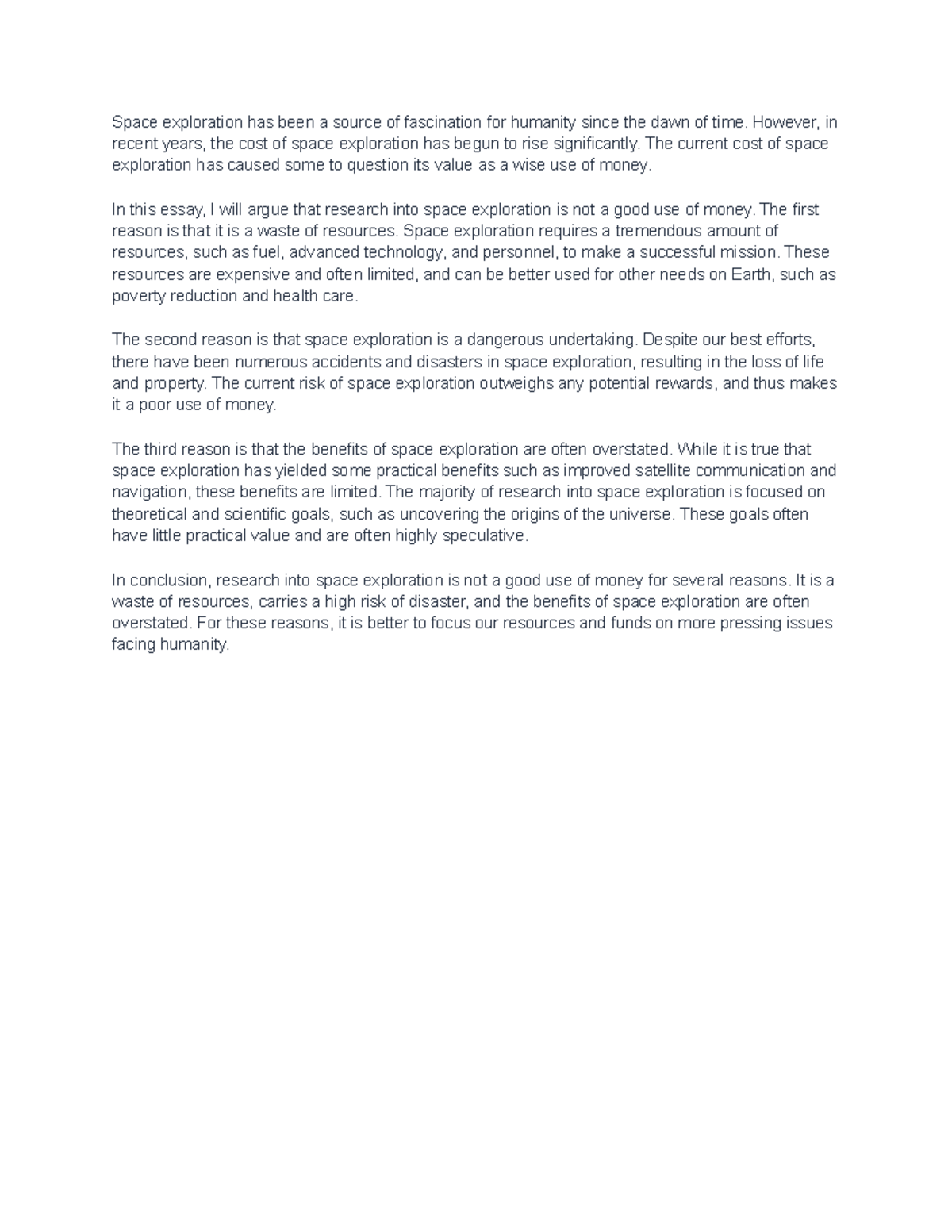 Space Exploration - Argumentive Essay - Space exploration has been a ...