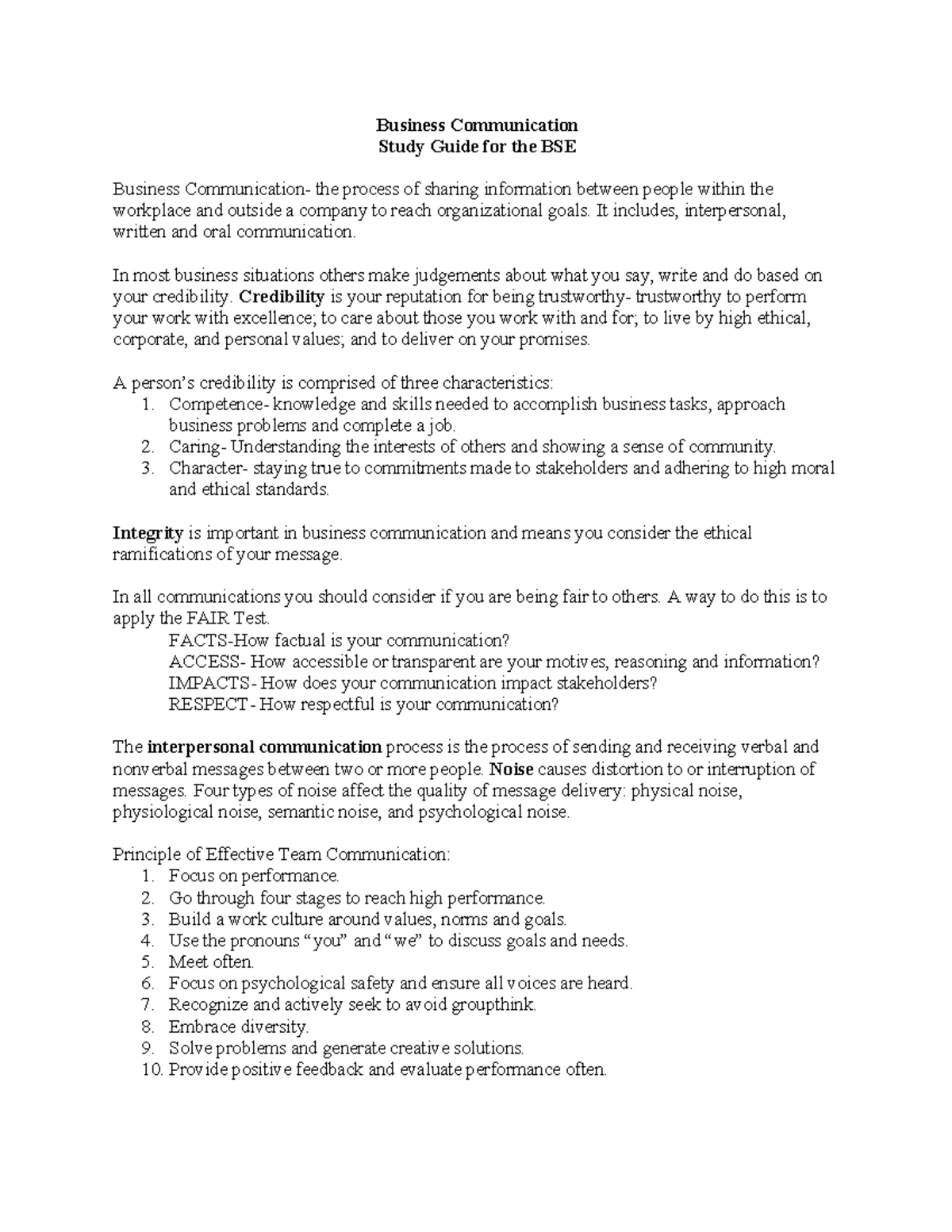 Business Communication Study Guide for BSE Program: Key Concepts and ...