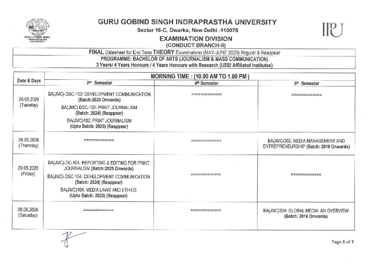 BA (JMC) Final Datesheet for End Term Exams MAY-JUNE 2026 - Studocu