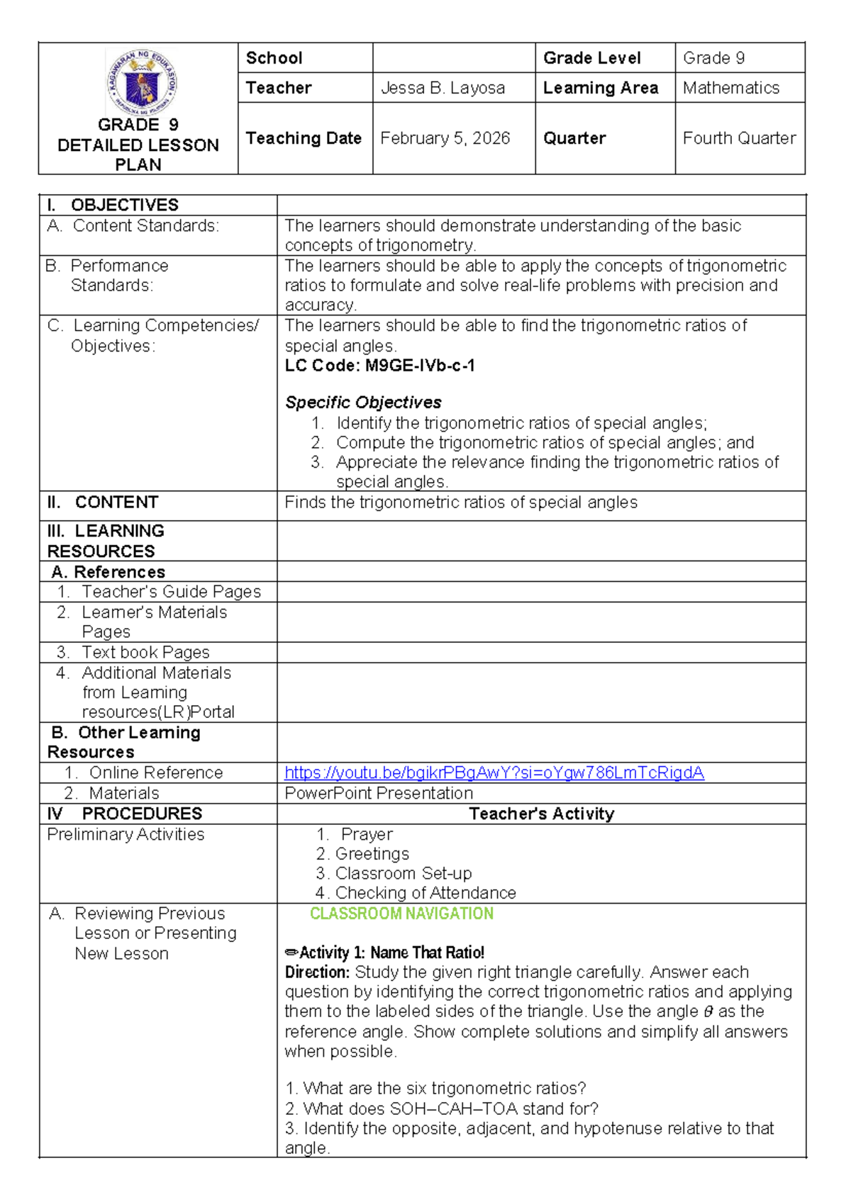Grade 9 Mathematics Detailed Lesson Plan: Trigonometric Ratios - Studocu