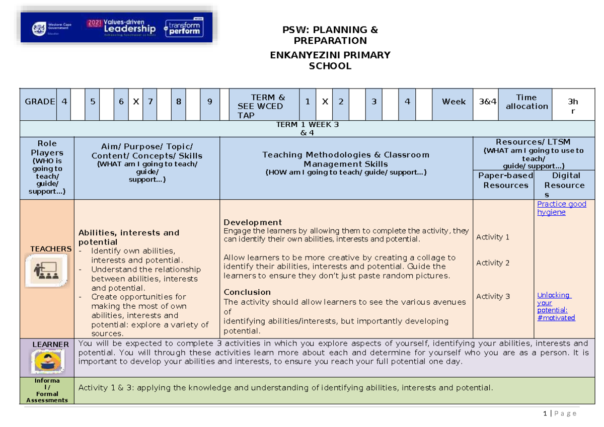 Lesson Plan Gr. 6 Life Skills PSW T1 Weeks 3 & 4: Identifying Abilities ...